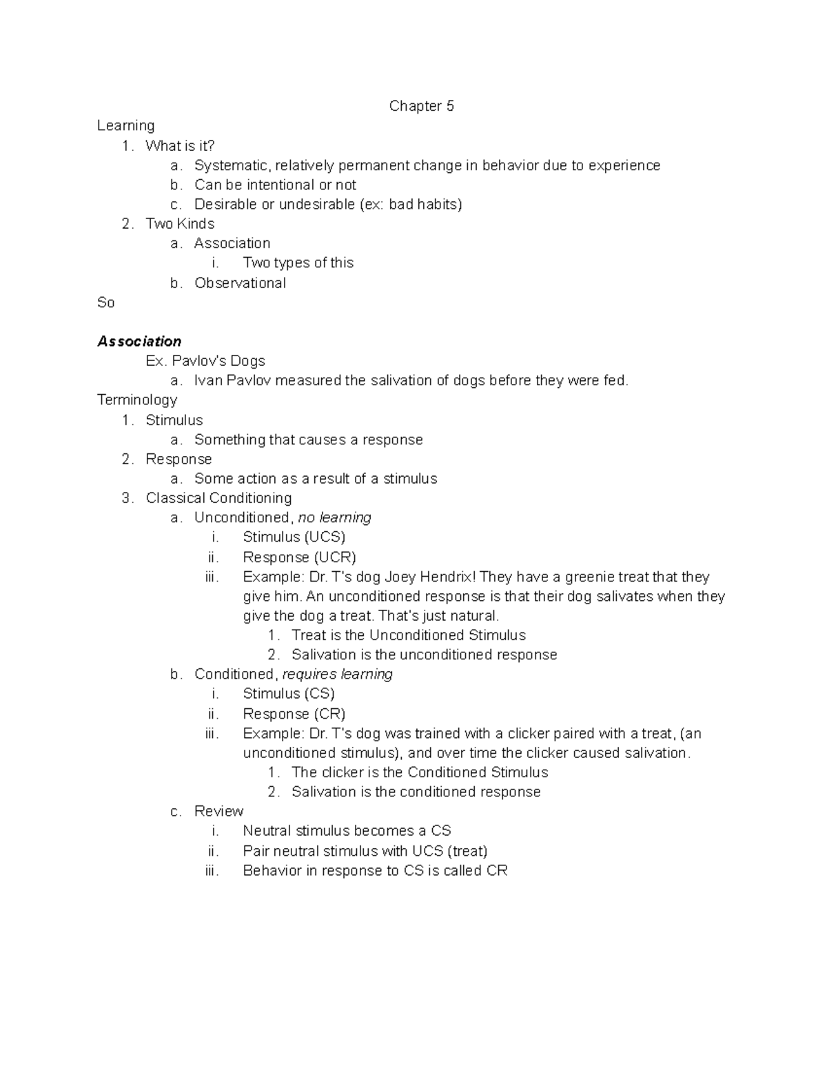 Chapter 5 Class - Lecture notes 5 - Chapter 5 Learning What is it? a ...