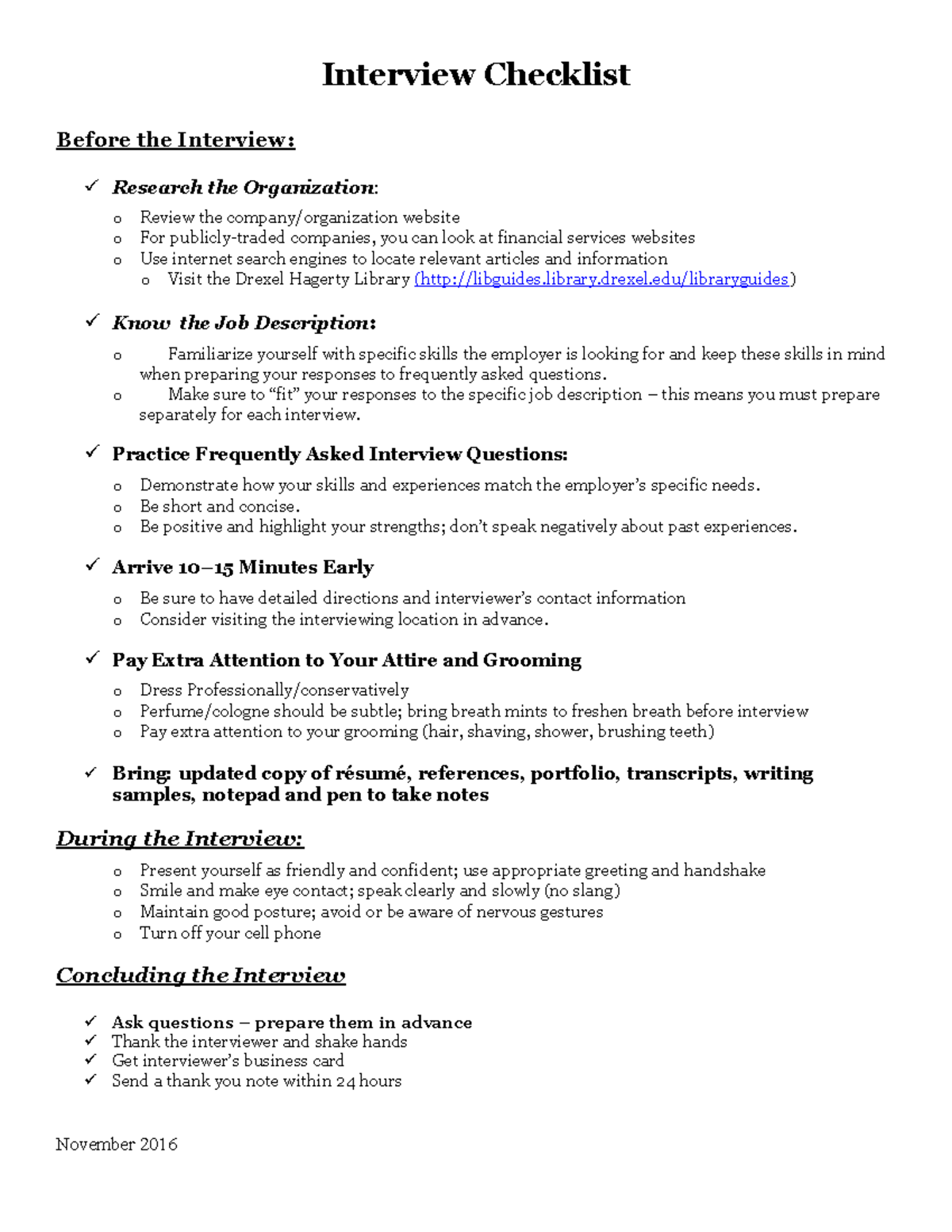 Interview Checklist (go over in class OR email to students after class ...