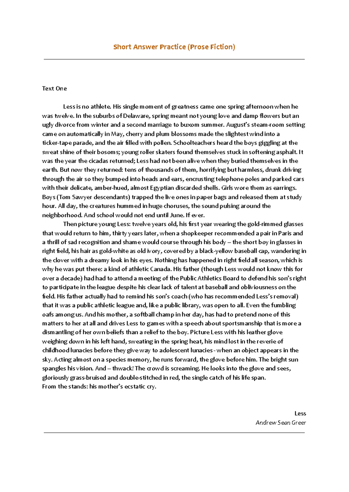 1️⃣🙈 Prose Fiction - Less - Short Answer Practice (Prose Fiction) Text ...
