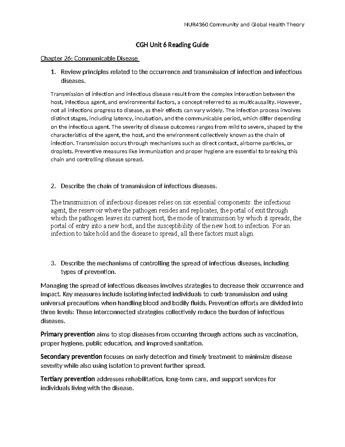 NUR4360 Unit 6 Reading Guide - CGH Unit 6 Reading Guide Chapter 26: Communicable Disease Review ...