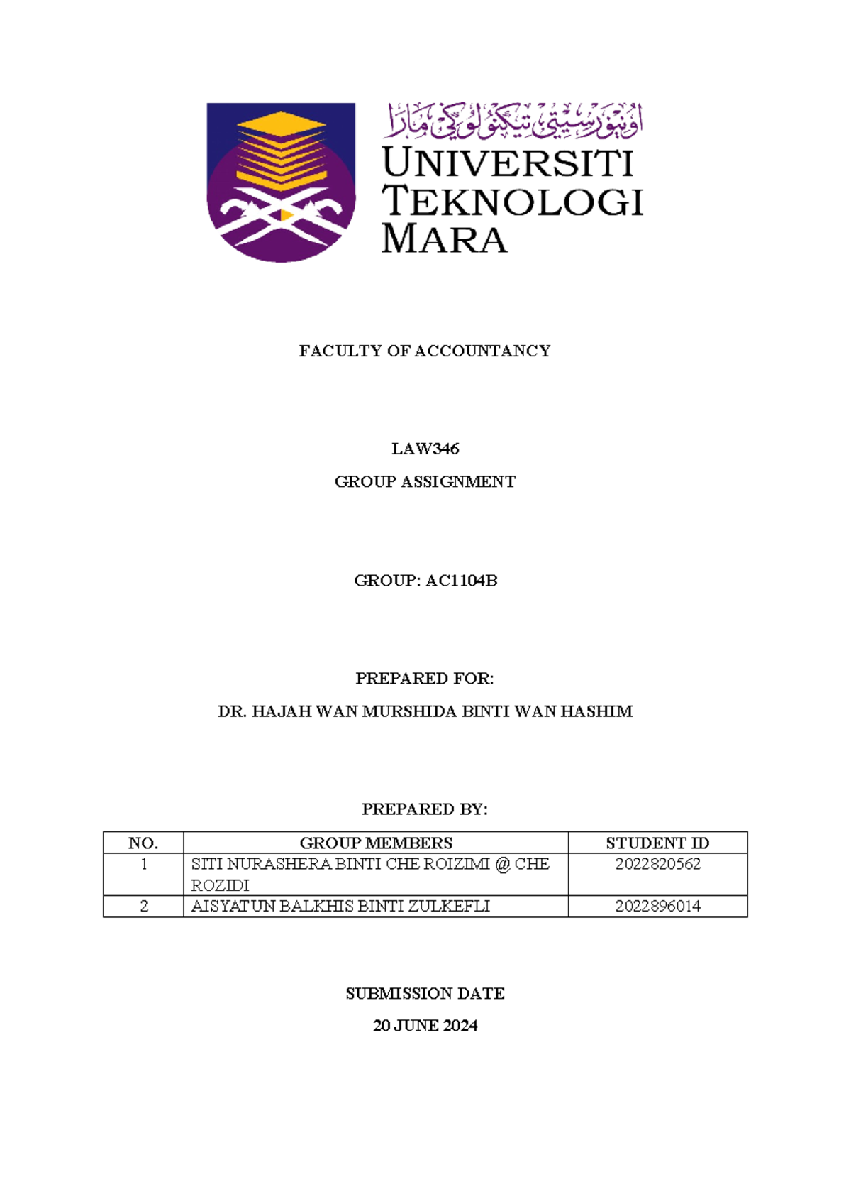 LAW 346 Group Assignment - FACULTY OF ACCOUNTANCY LAW GROUP ASSIGNMENT ...