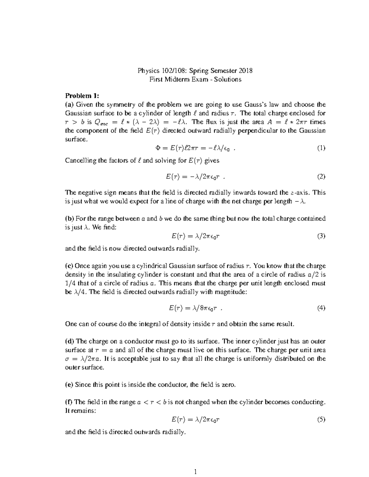 2018 Spring mid1 solution - Physics 102/108: Spring Semester 2018 First ...