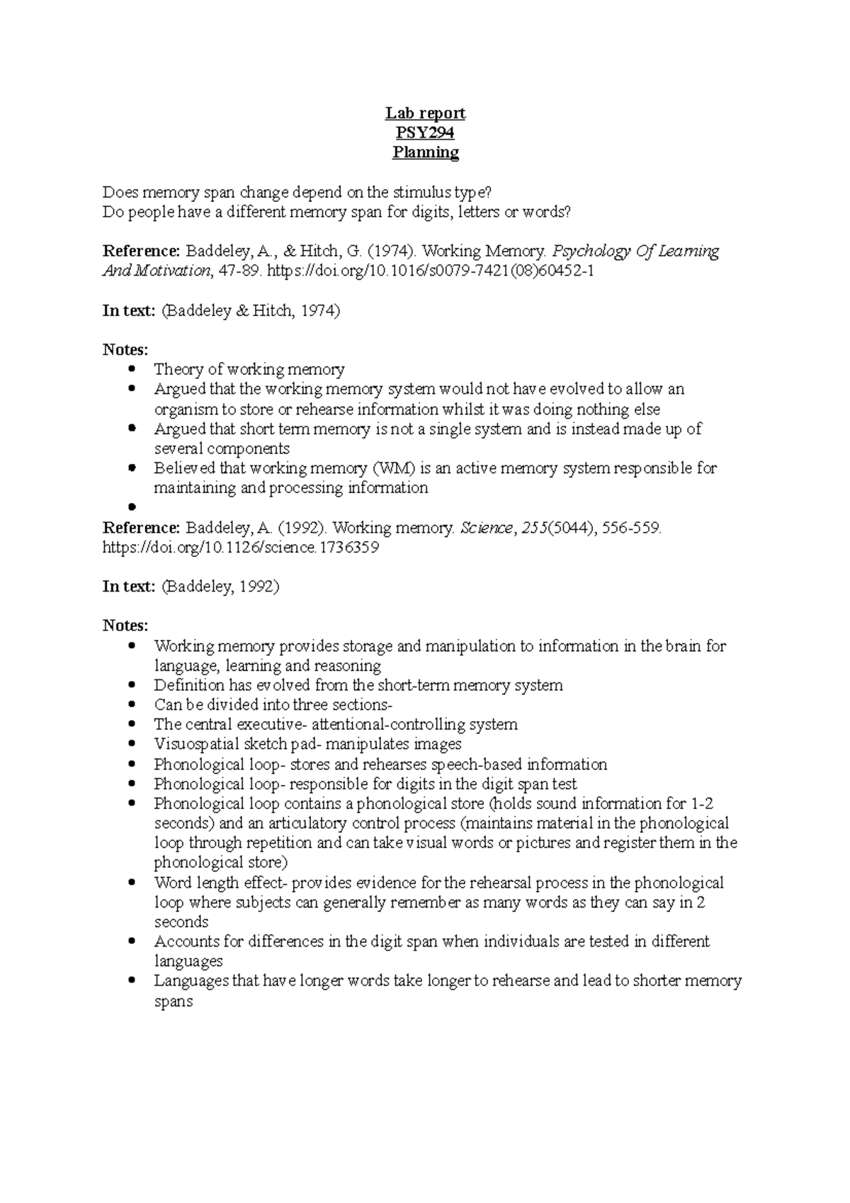 PSY294 lab report planning - Lab report PSY Planning Does memory span change depend on the ...