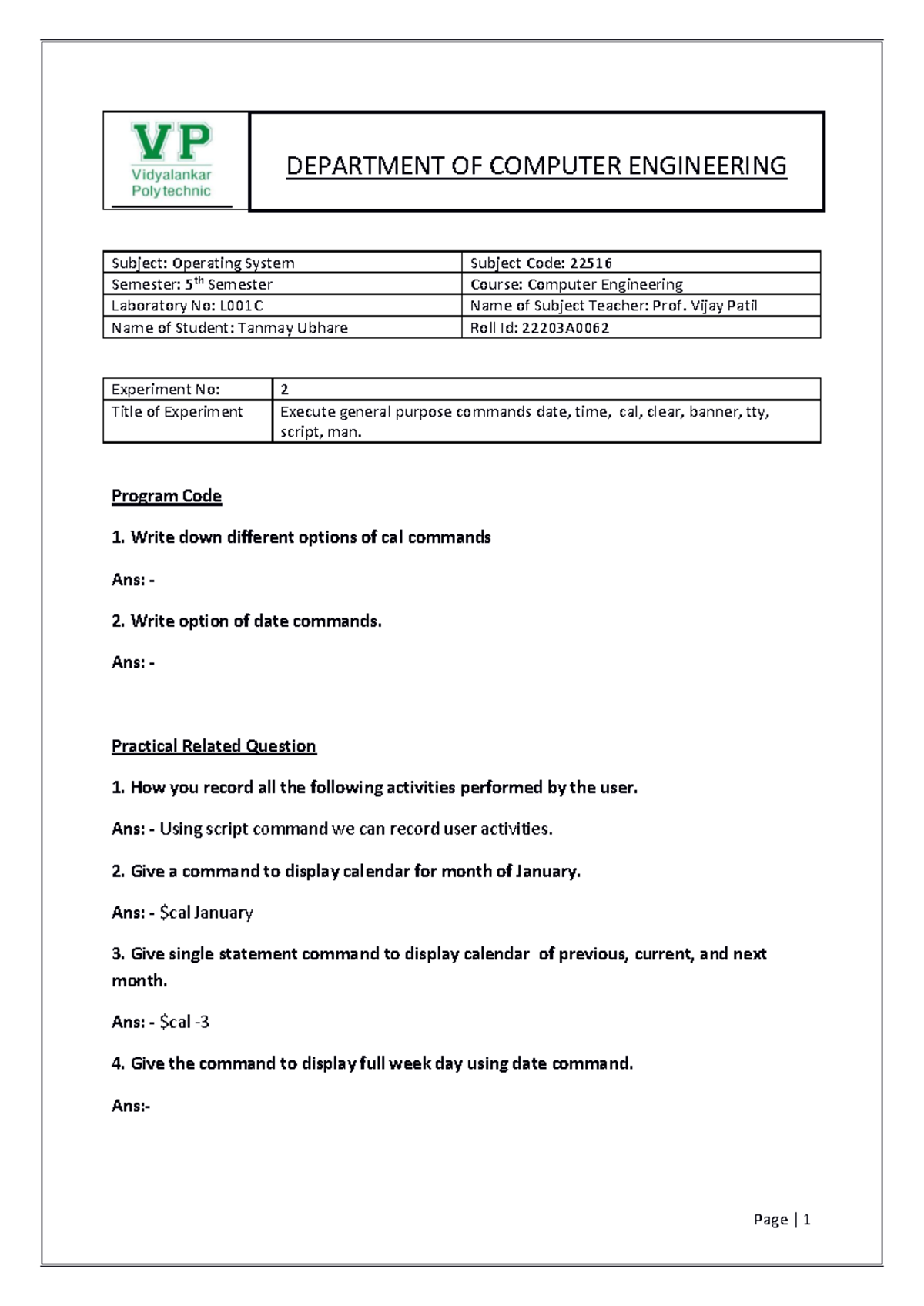 OSY Practical 1 - DEPARTMENT OF COMPUTER ENGINEERING Subject: Operating ...
