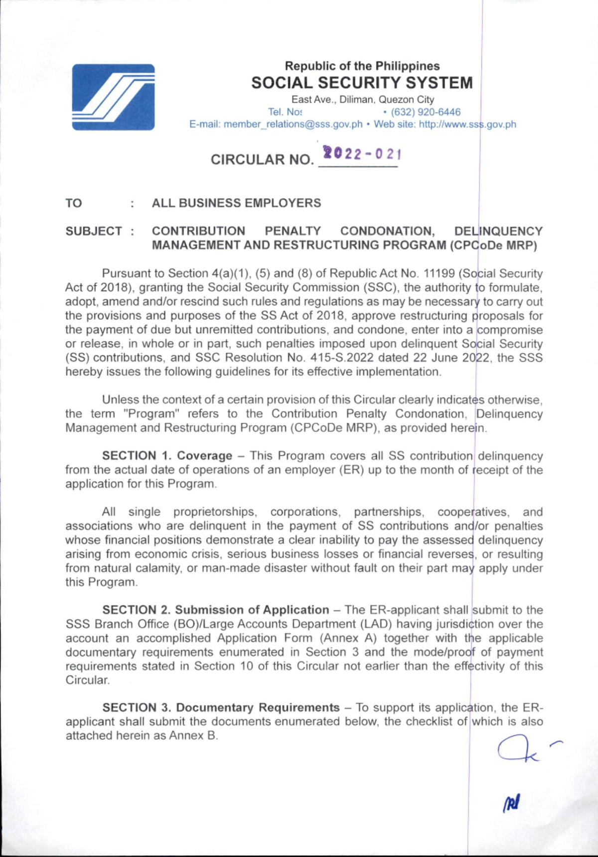 Sss condonation CI2022-021 - Commercial Law - Studocu