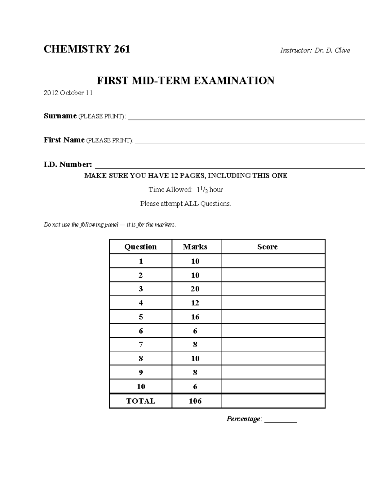 CHEM 261 Practice Midterm 1 - CHEMISTRY 261 Instructor: Dr. D. Clive ...