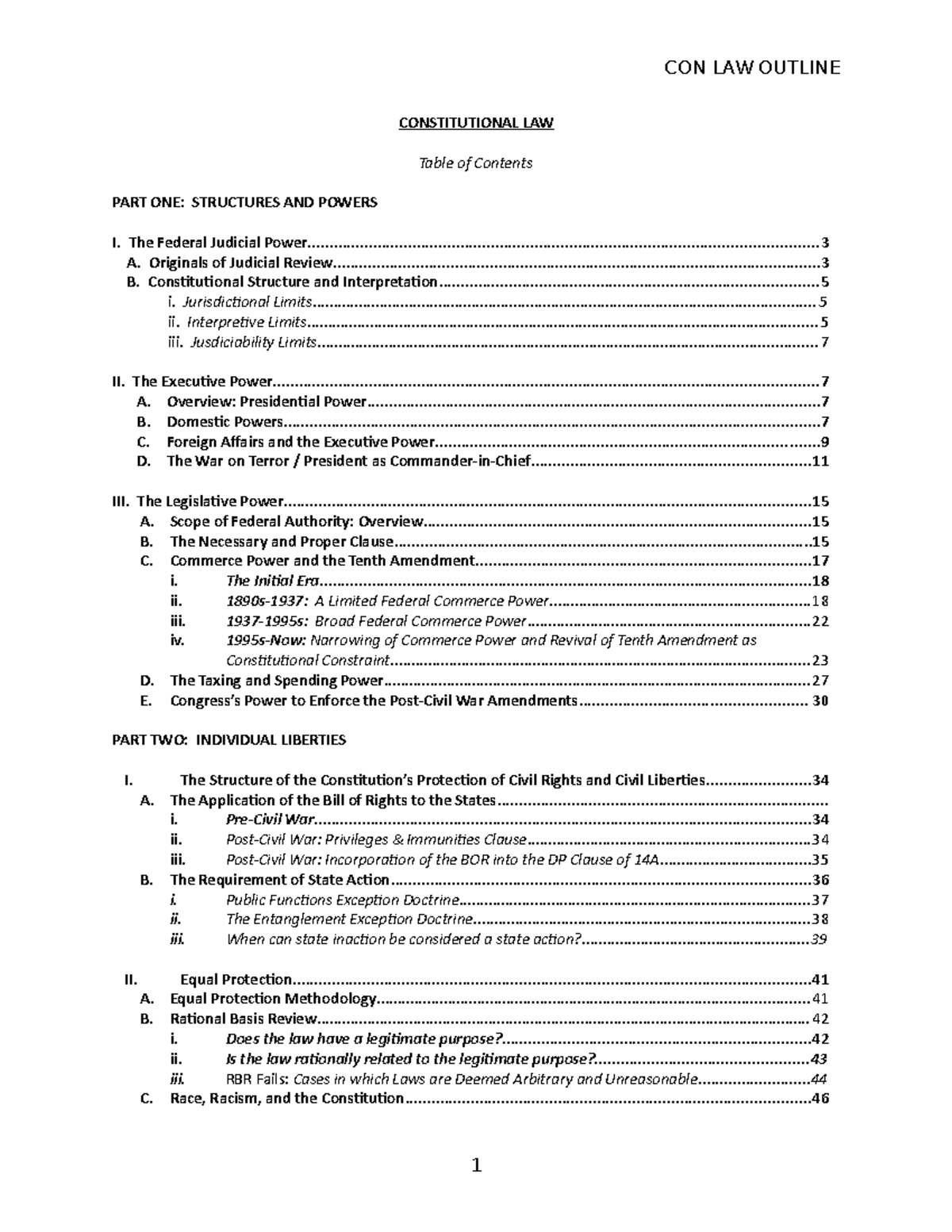 Higgins Con Law Fall 2016 - CONSTITUTIONAL LAW Table of Contents A ...