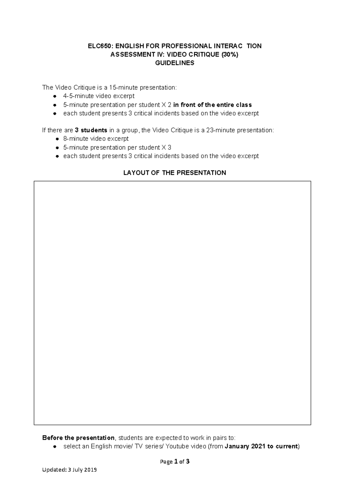 ELC 650 VIDEO CRITIQUE English for Professional Interaction (ELC 650) - ELC650: ENGLISH FOR ...