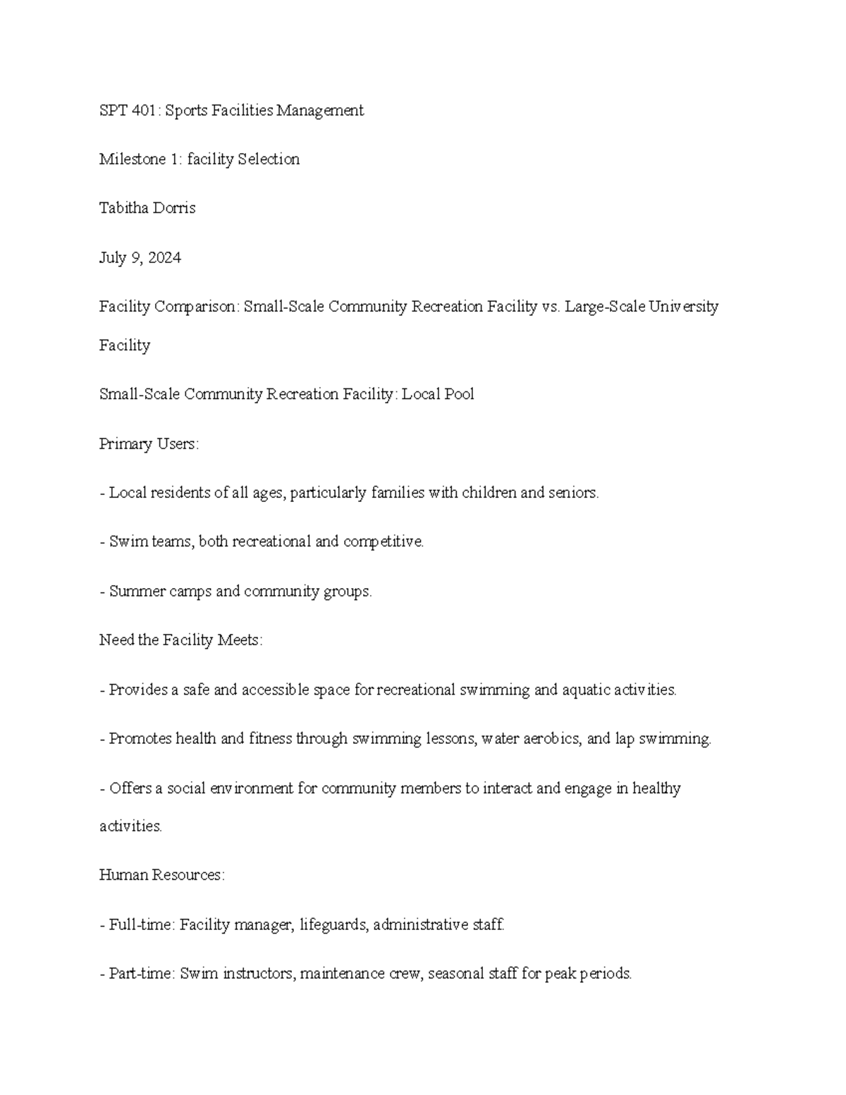SPT 401 - Assignment - SPT 401: Sports Facilities Management Milestone ...