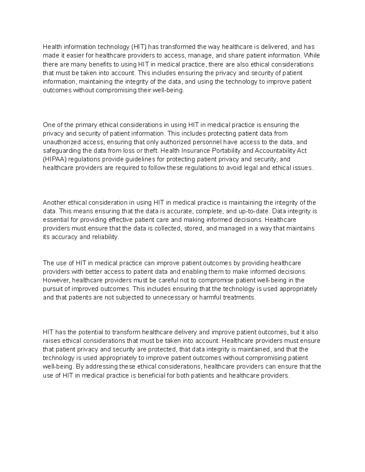 Ethical Considerations in using HIT in Medical Practice Notes - Health ...