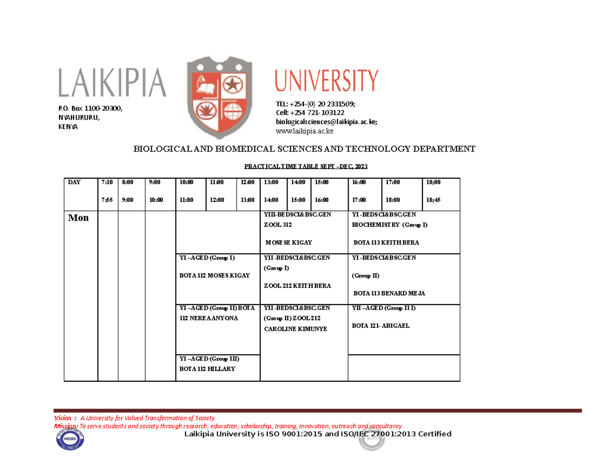 Final 2023 NEW practical timetable sept -dec 2023 - BIOLOGICAL AND ...