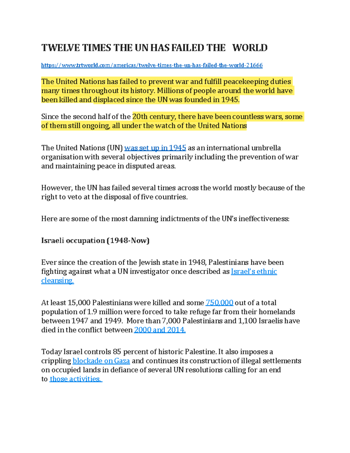 Twelve times the UN has failed the world - TWELVE TIMES THE UN HAS ...