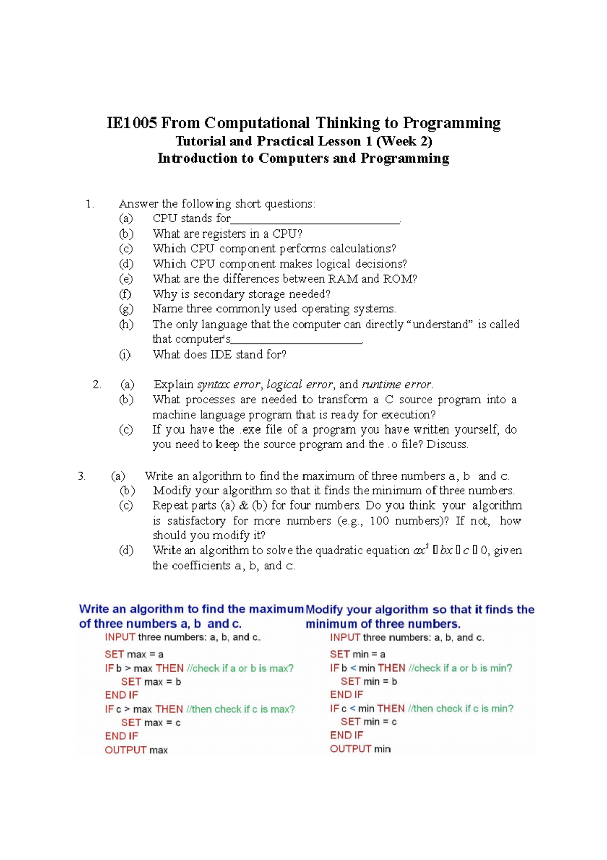 IE1005 Tutorial and Practical Exercises Part 1 - IE1005 From Computational Thinking to ...