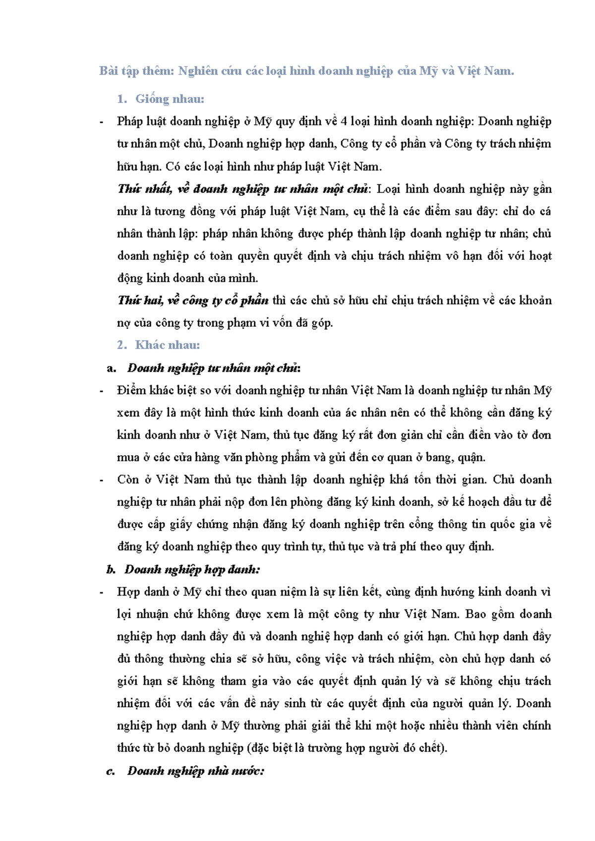 BT so sánh loại hình KD của Mỹ và VN - Bài tập thêm: Nghiên cứu các loại hình doanh nghiệp của ...