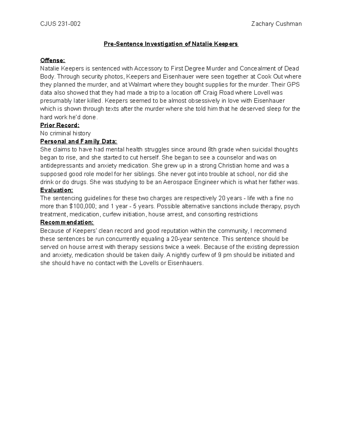 PSI - Trent - CJUS 231-002 Zachary Cushman Pre-Sentence Investigation ...