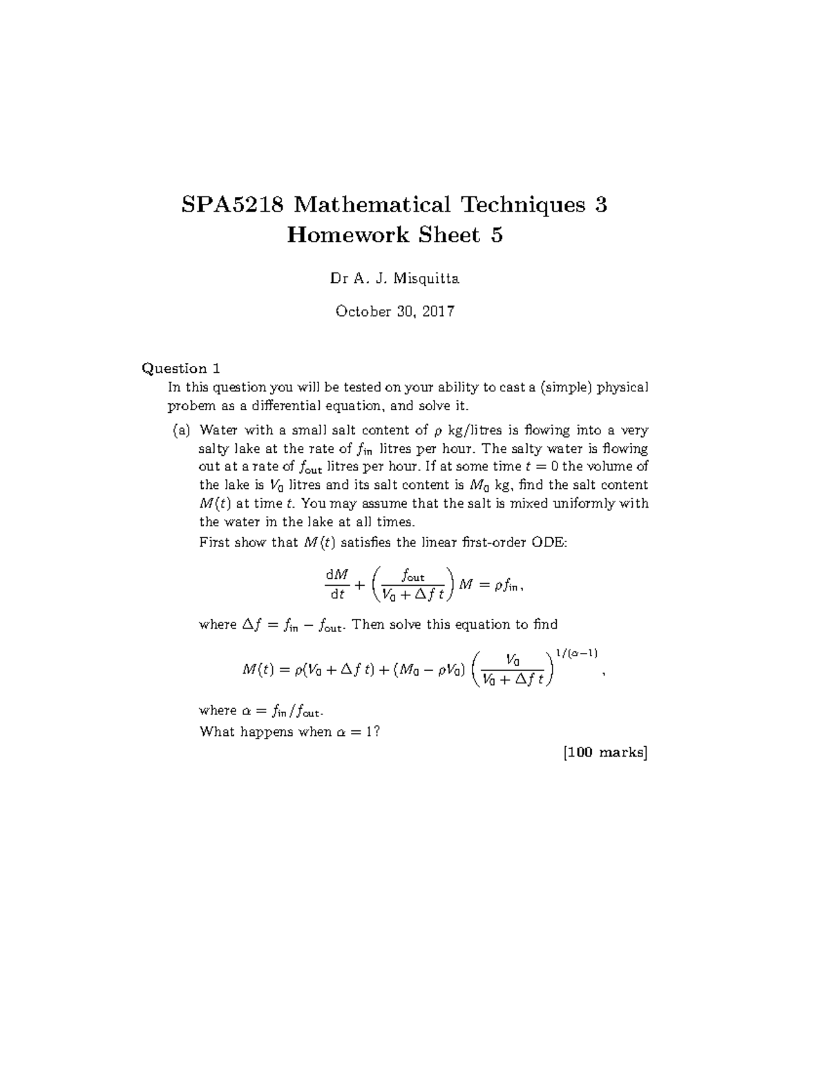 Homework 5 - Questions - SPA5218 Mathematical Techniques 3 Homework ...