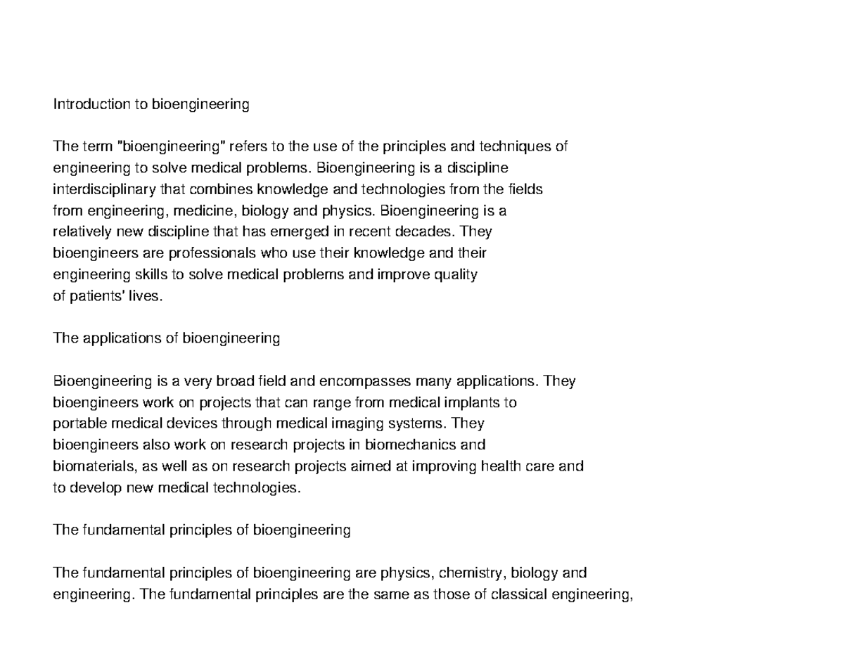English Biomedical Engineering - Introduction to bioengineering The ...