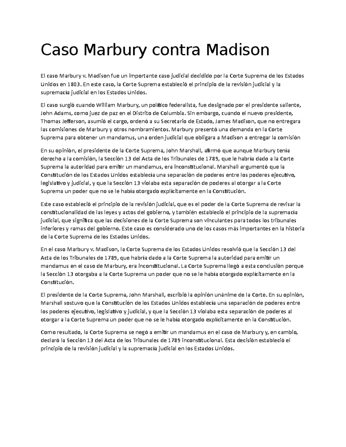 Caso Marbury contra Madison - Madison fue un importante caso judicial decidido por la Corte ...