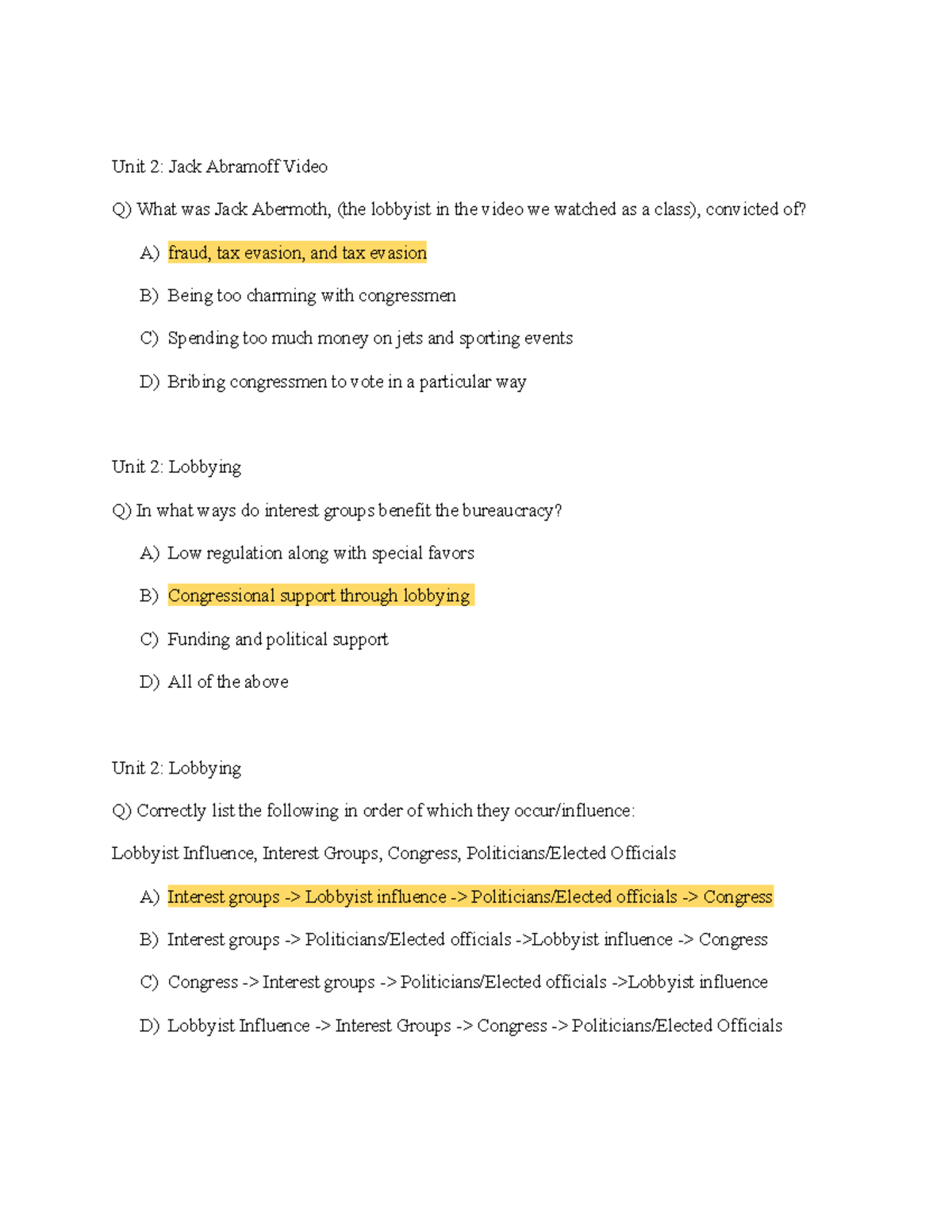 PSCI 2306 - Exam 2 Questions - Unit 2: Jack Abramoff Video Q) What was ...