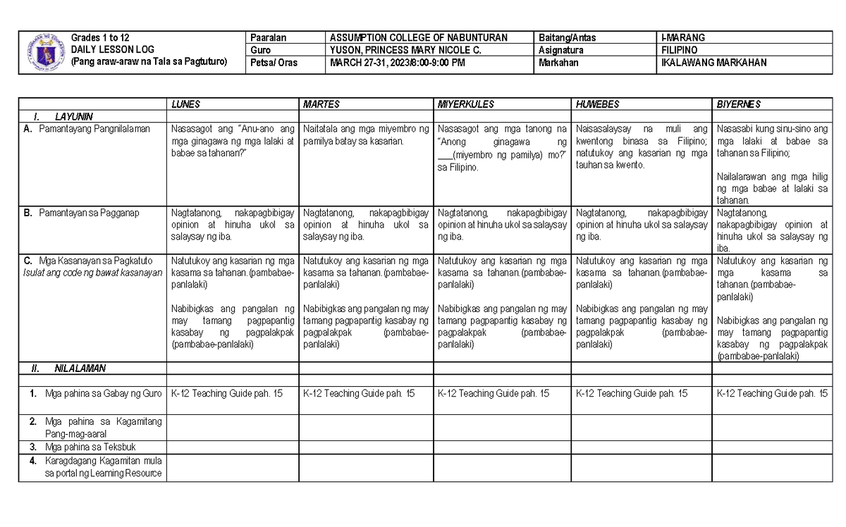 Learning PLAN WITH ICT Integration - Grades 1 to 12 DAILY LESSON LOG ...