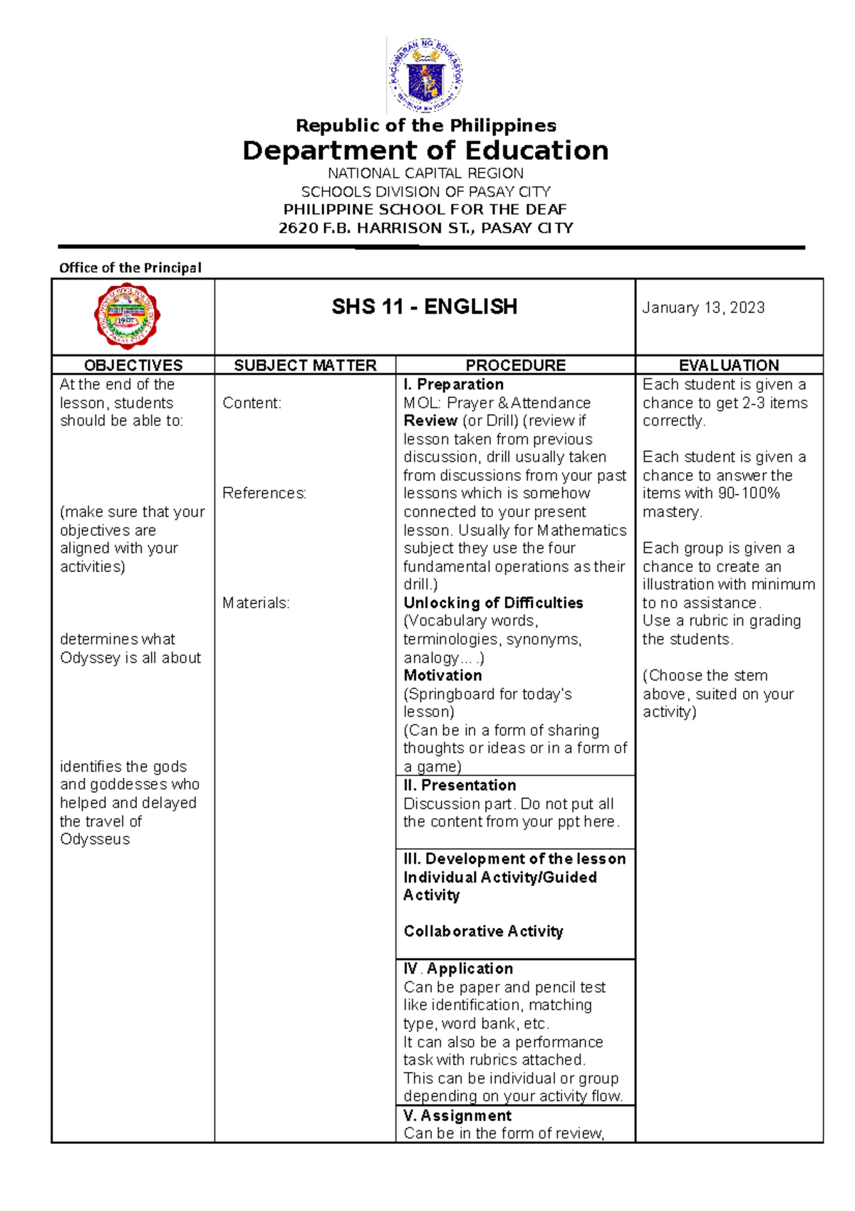 DLP English 2023 sample - Office of the Principal SHS 11 - ENGLISH ...
