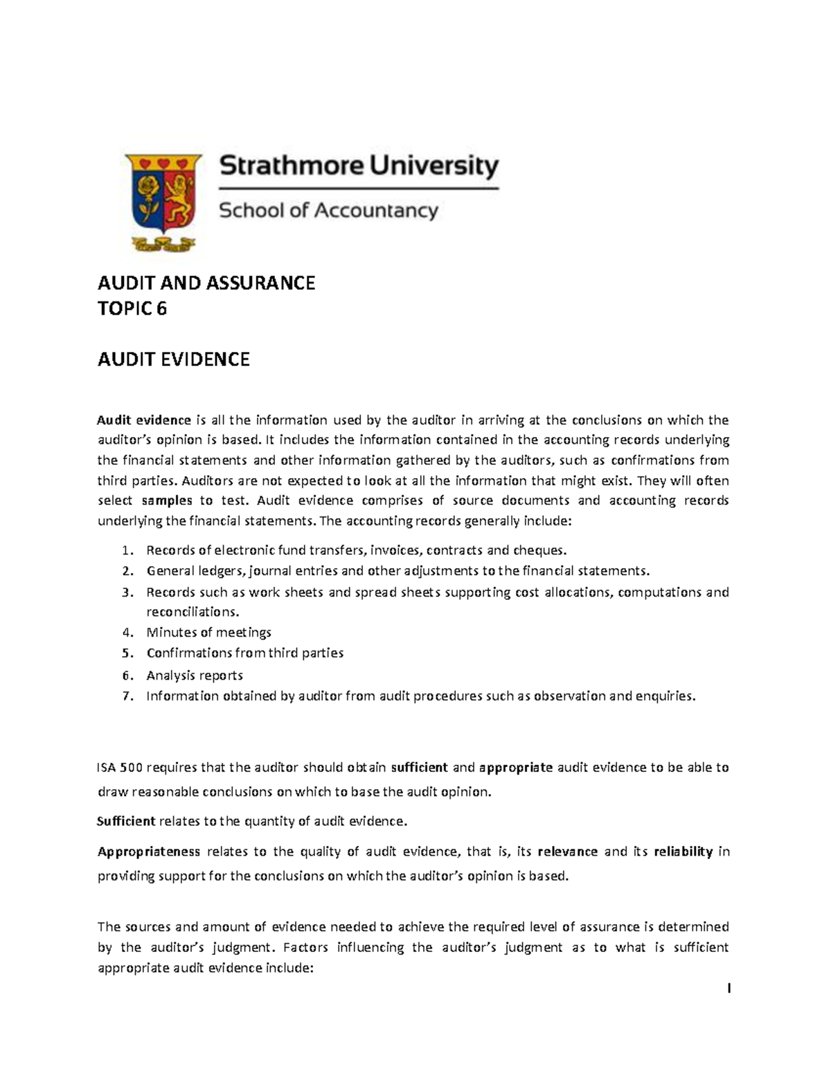 Topic 6- Audit Evidence - AUDIT AND ASSURANCE TOPIC 6 AUDIT EVIDENCE ...