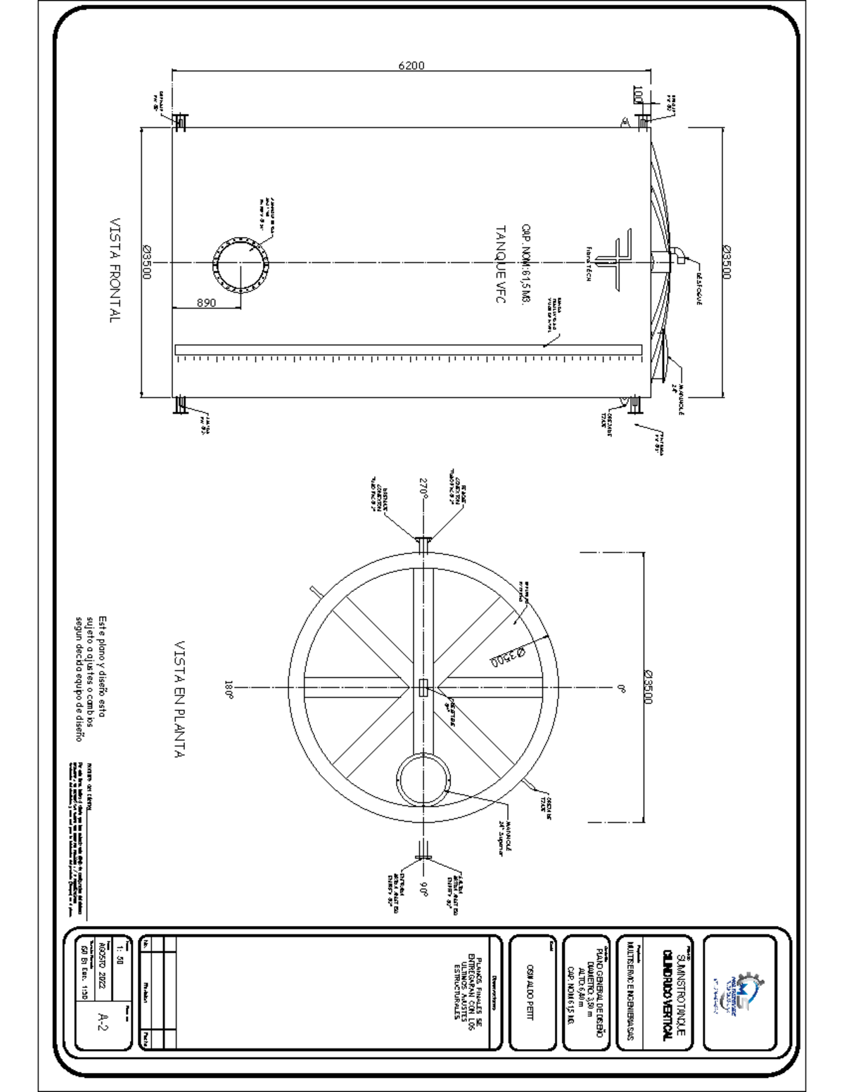 Tanque Cilindrico Vertical Ø 3,50 H 6,40 CAP 61,50M3 REV.002 19-10-2022 ...