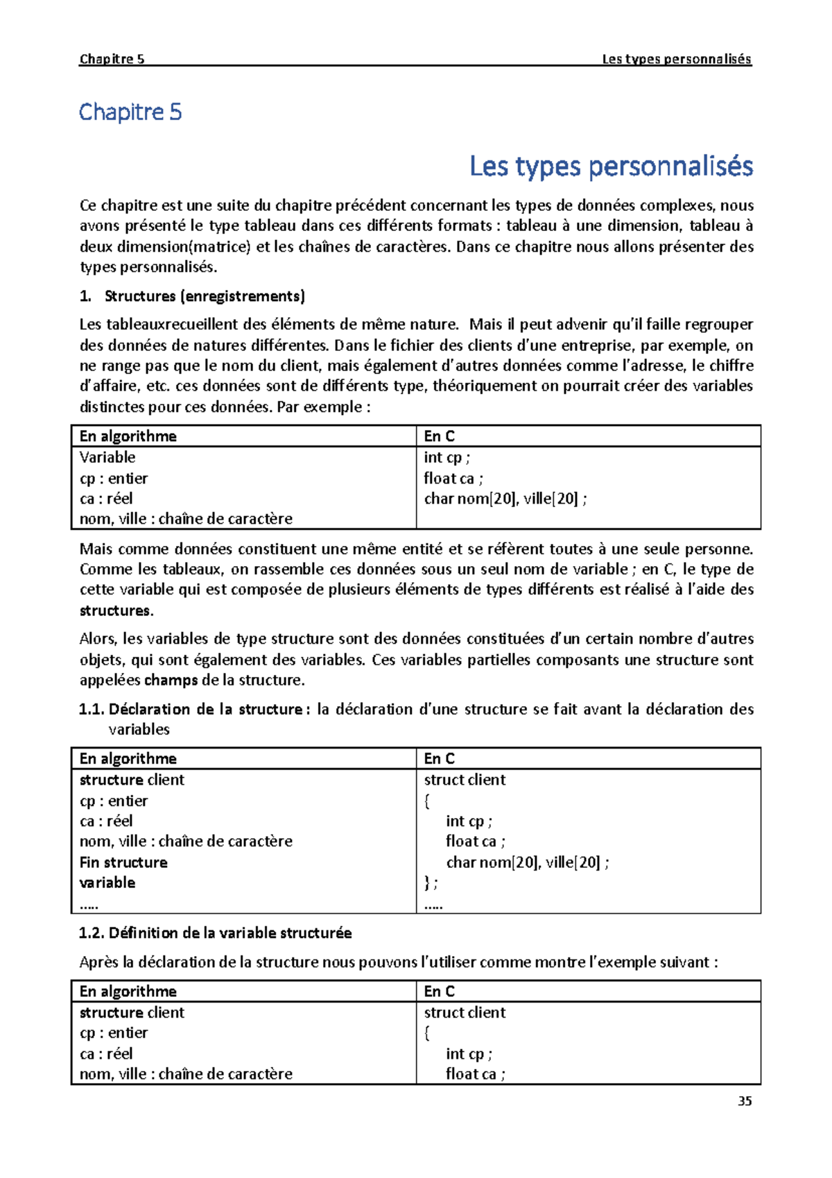 Cours algorithme chap6 - Chapitre 5 Les types personnalisés Ce chapitre ...