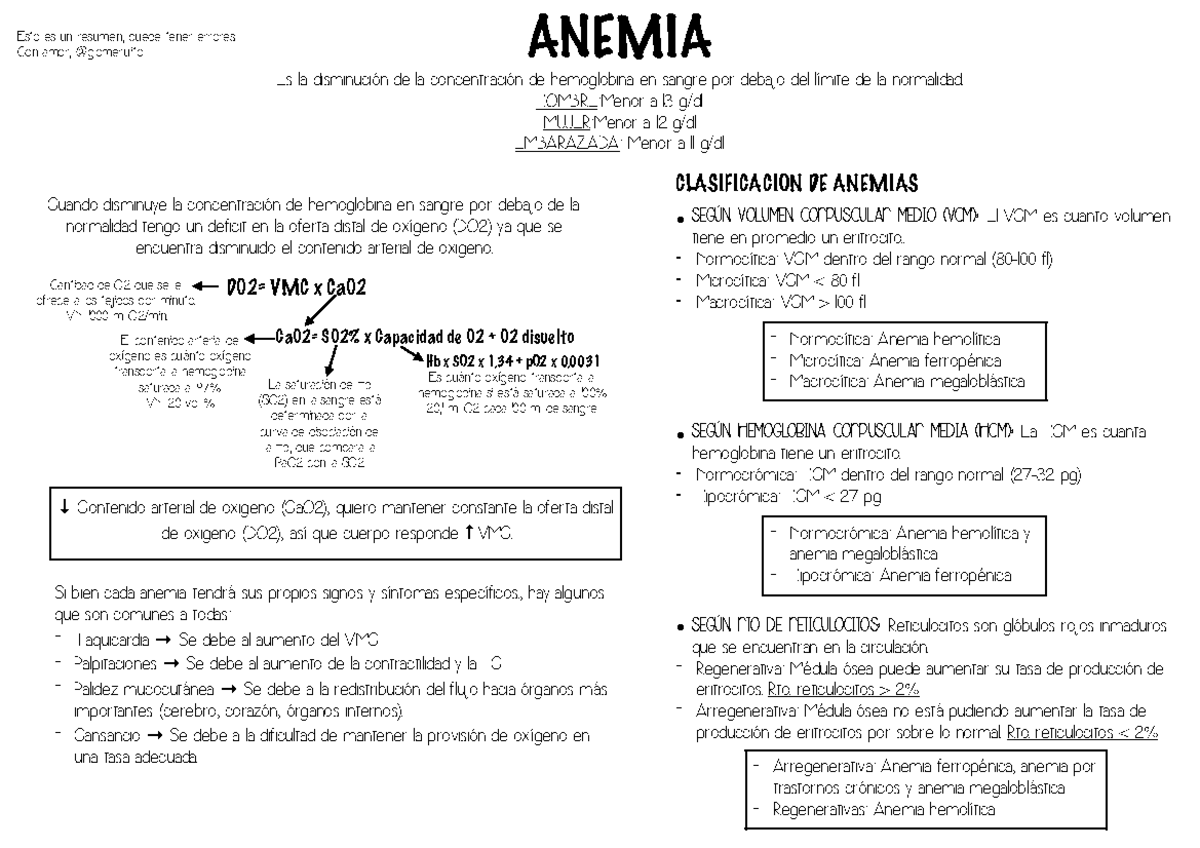 Esquema de Anemia - ANEMIA Es la disminución de la concentración de ...