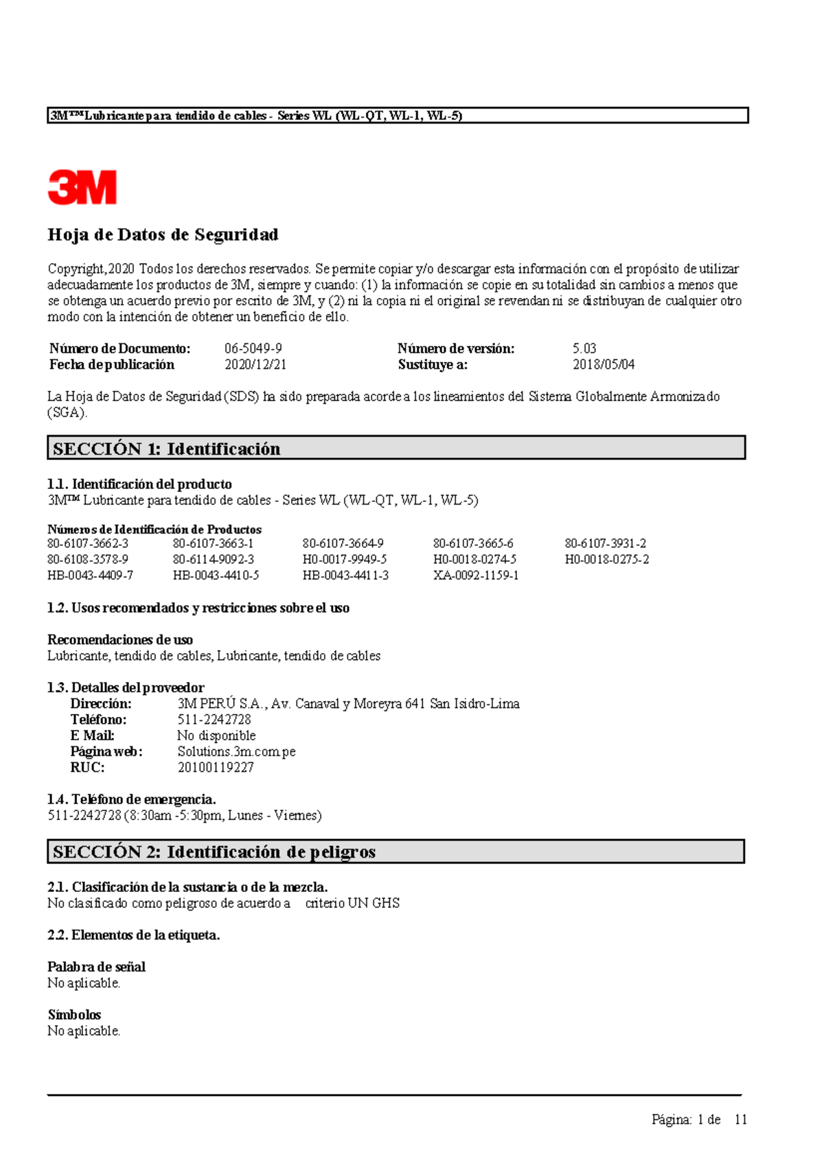 MSDS - Lubricante Tendido Cable 3M - - Studocu