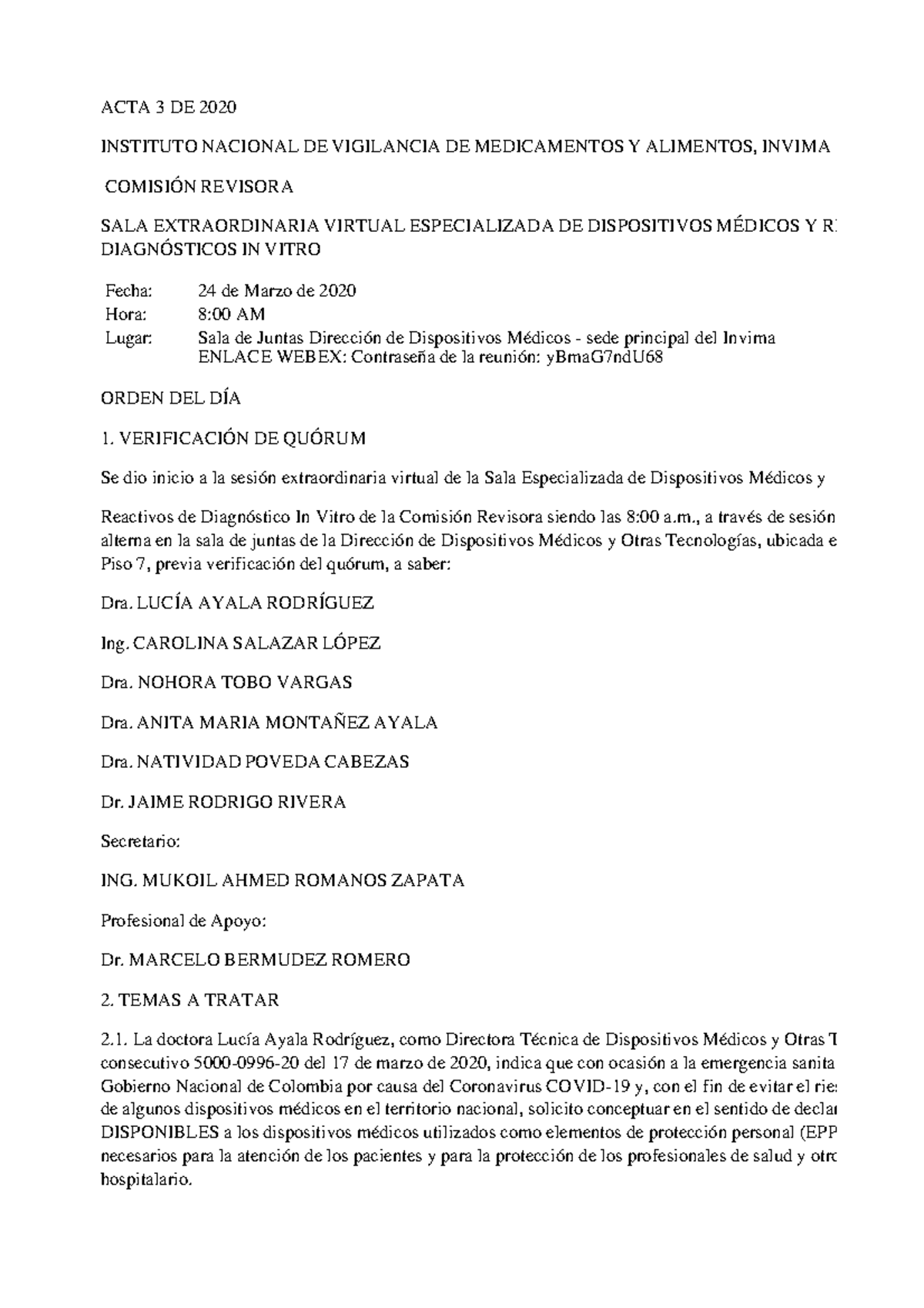 Acta invima 0003 2020 - ACTA 3 DE 2020 INSTITUTO NACIONAL DE VIGILANCIA DE MEDICAMENTOS Y ...