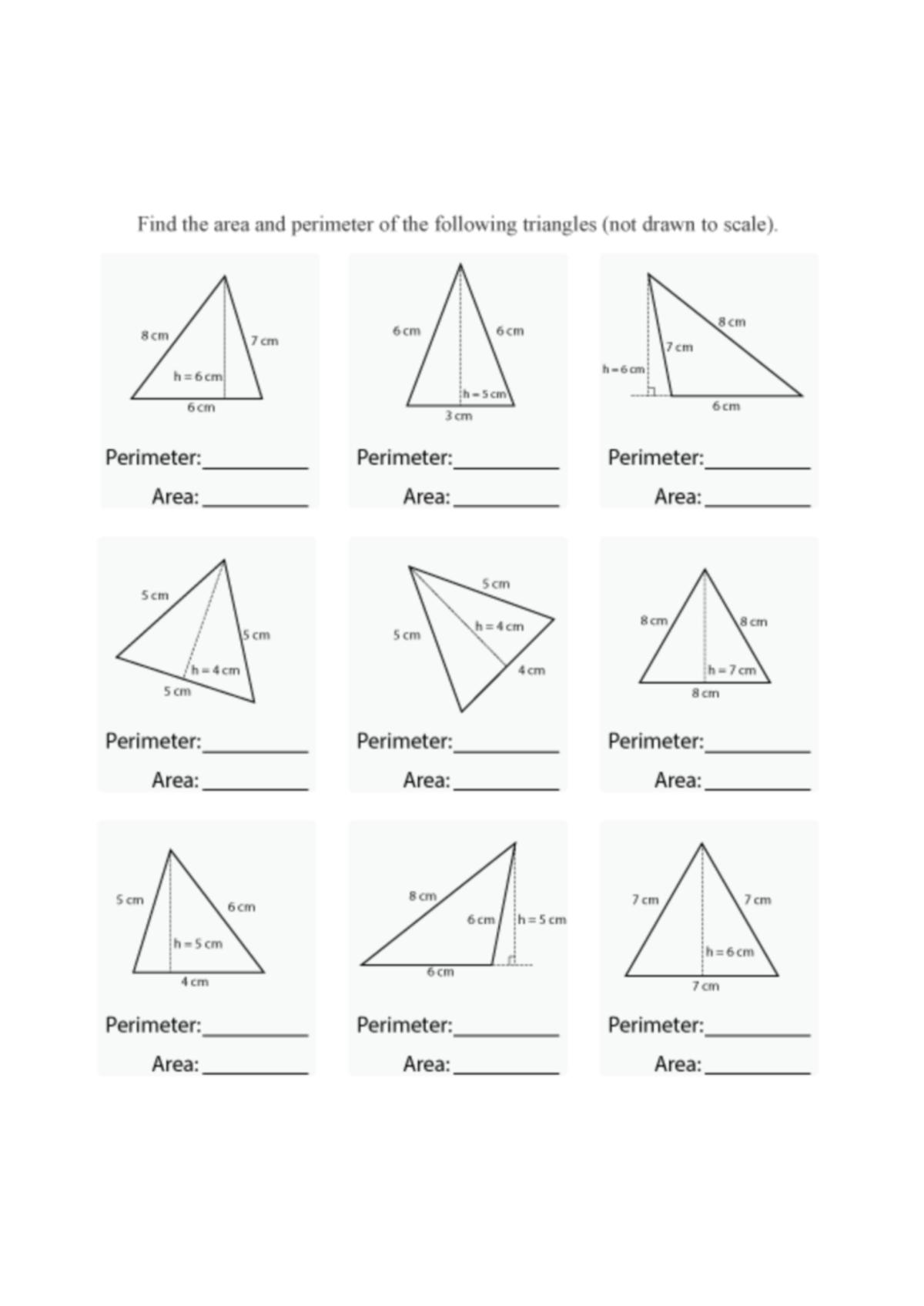 Perimeter - Triangles - Find the area and perimeter of the following ...