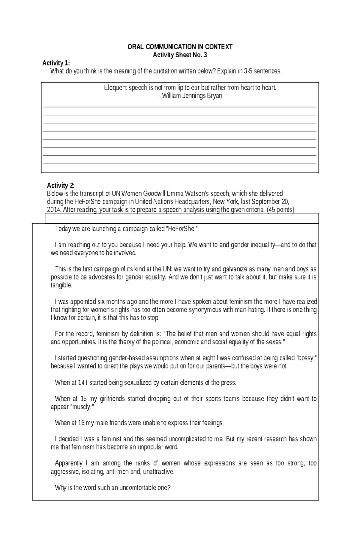 ORAL Communication IN Context Q4 Activity Sheet 3 - ORAL COMMUNICATION ...