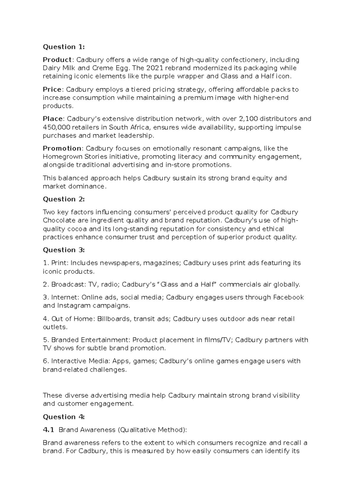 BMAR PRE Class 3 - Question 1: Product: Cadbury offers a wide range of ...