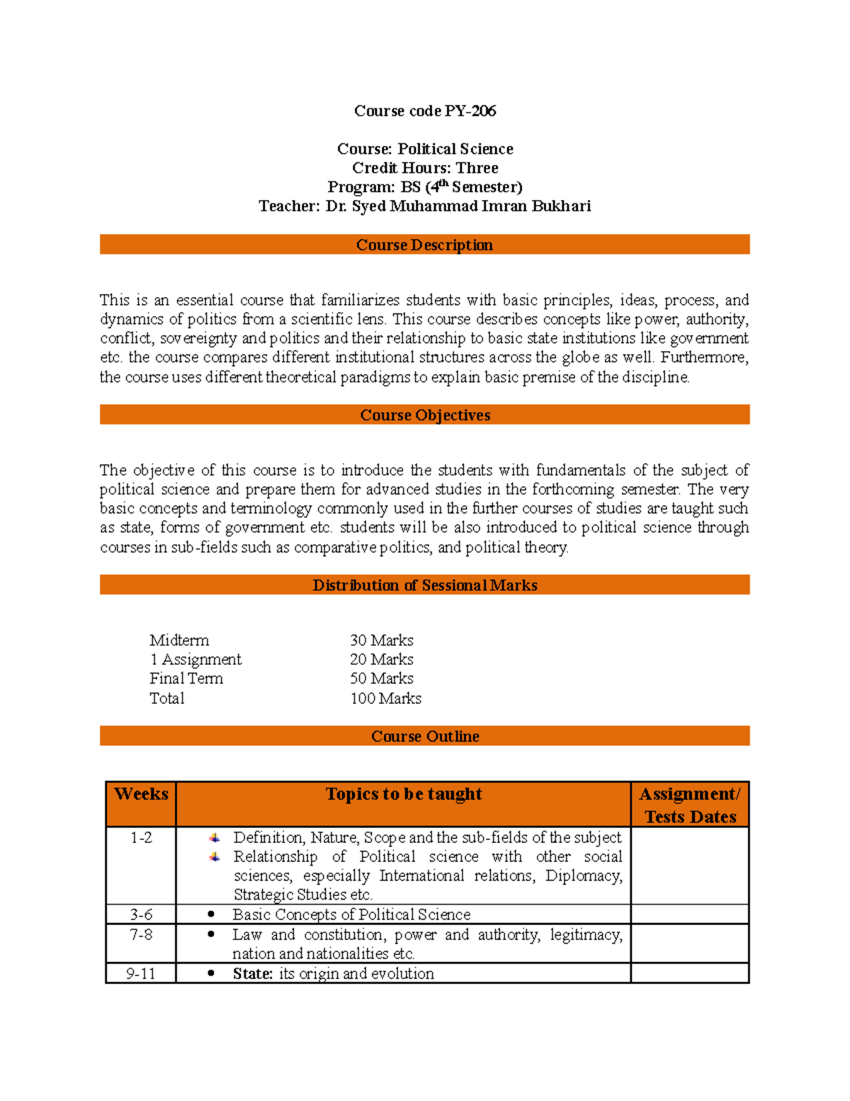 Course Outline for Political Science - Course code PY- Course ...