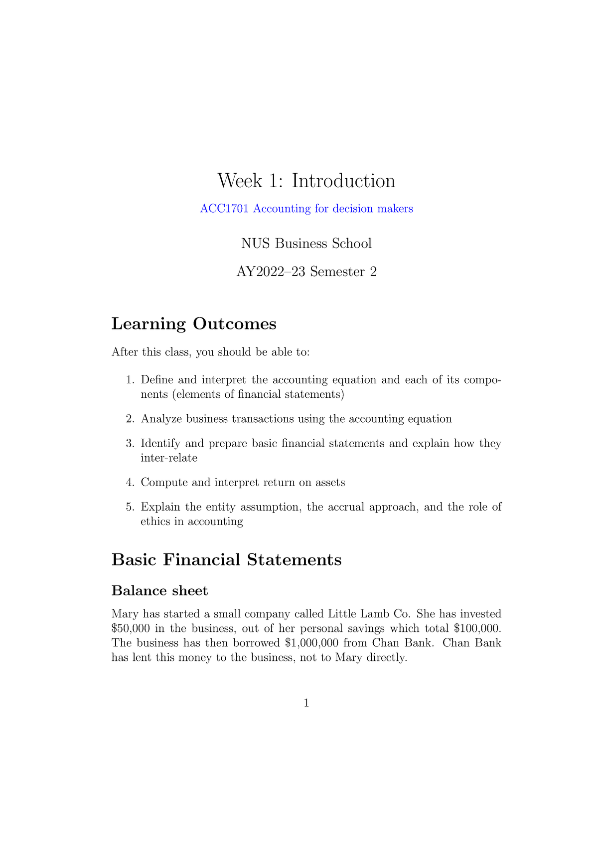 Week1 handout-1 - handout 1 lect 1 - Week 1: Introduction ACC1701 Accounting for decision makers ...