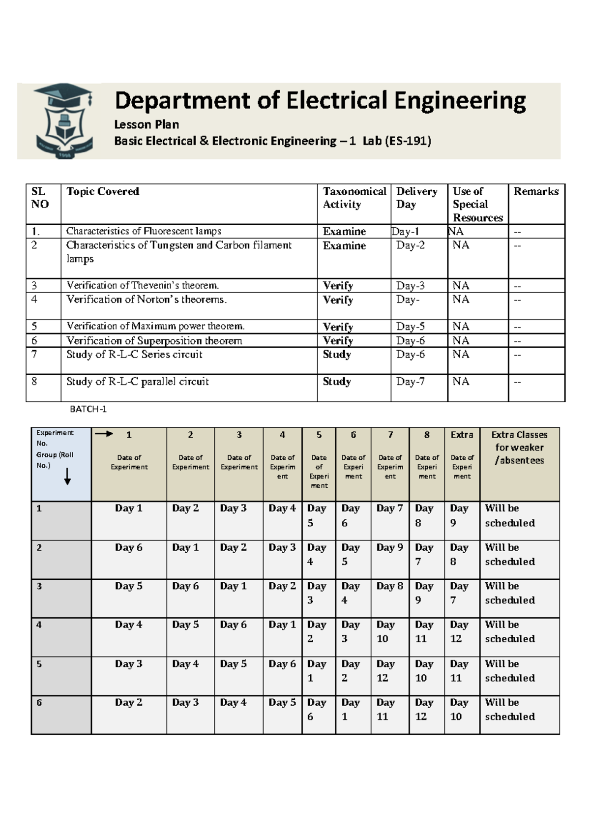 Lesson Plan-(ES-191) Basic Electrical & Electronic Engineering – 1 Lab - Department of ...