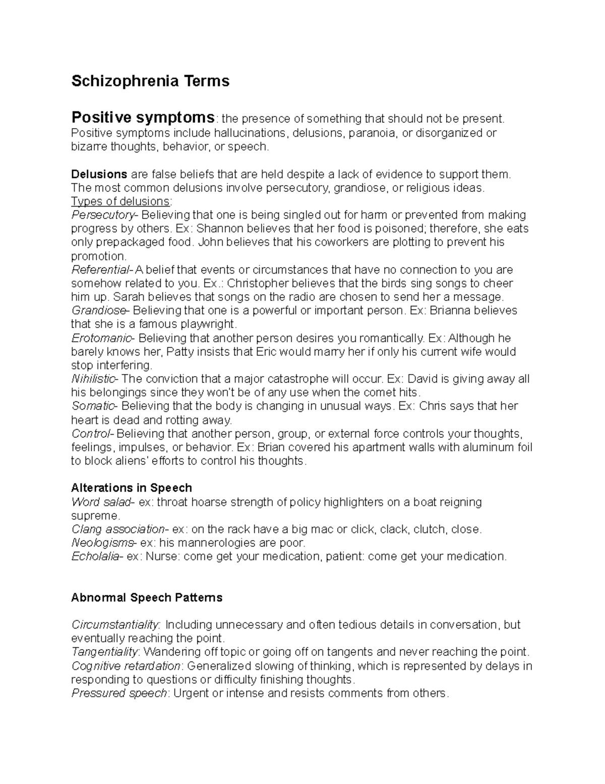 Schizophrenia Terms - Notes - Schizophrenia Terms Positive symptoms ...