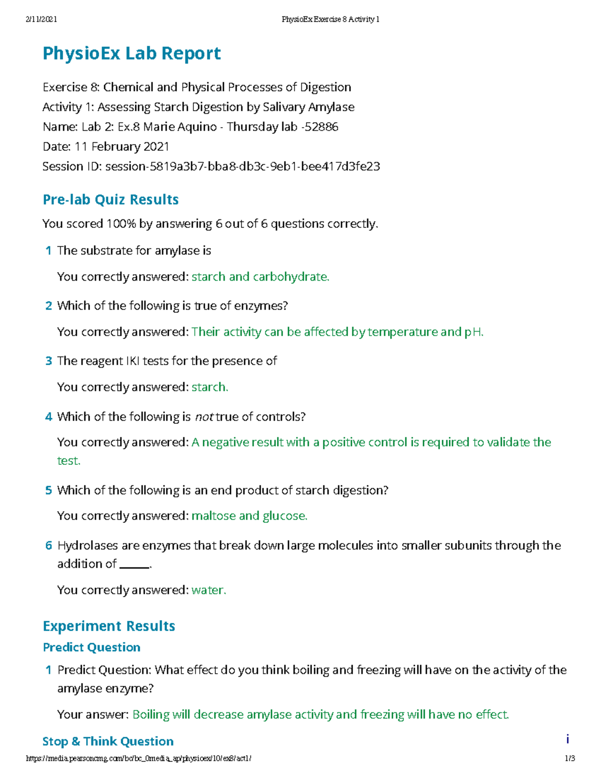 Lab 2 Activity 1, Aquino - 2/11/2021 PhysioEx Exercise 8 Activity 1 ...
