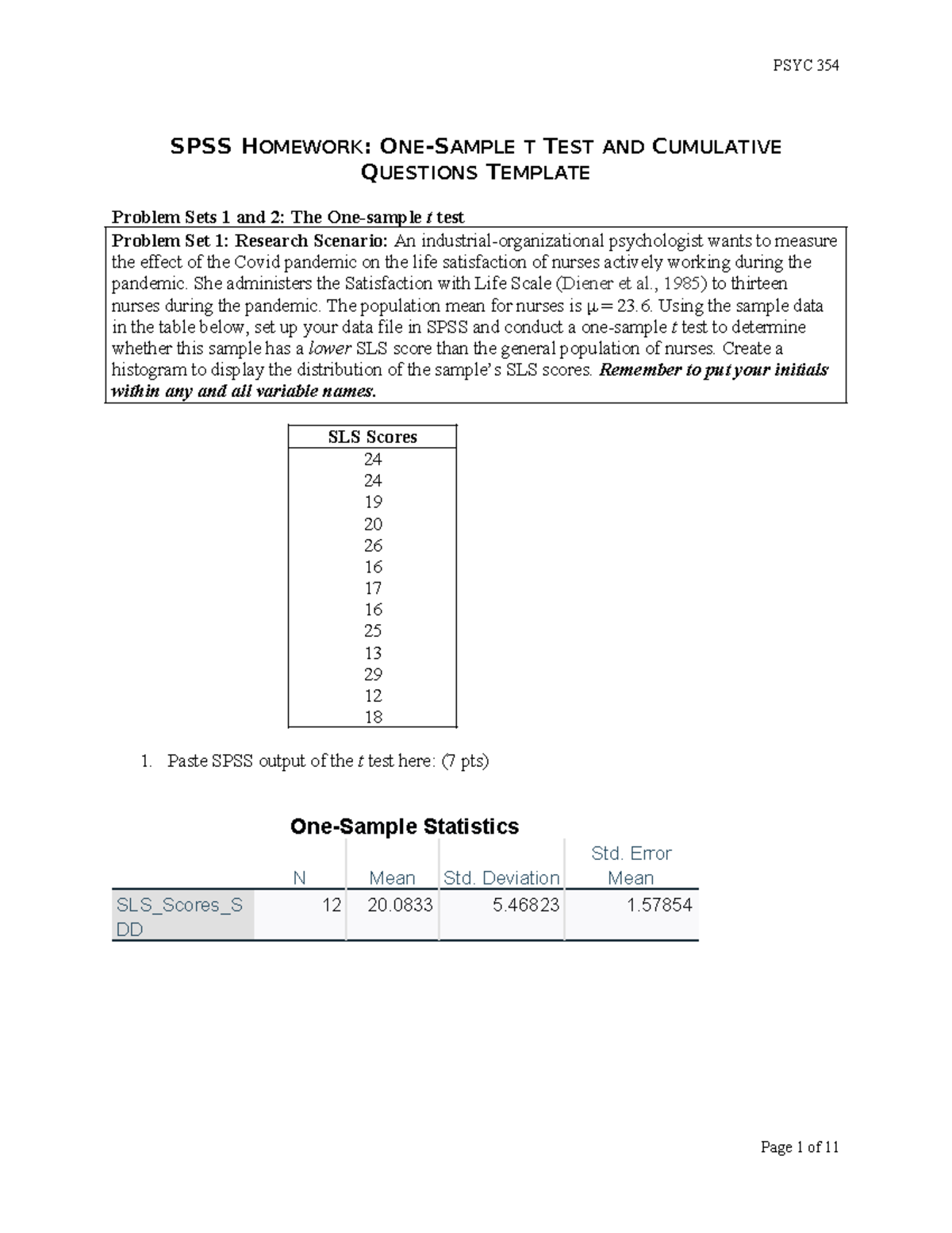 SPSS Homework One Sample t Test and Cumulative Questions Template ...