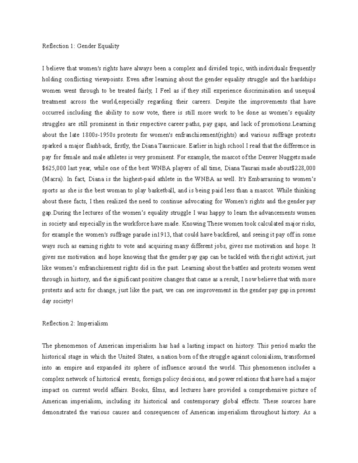 Reflection 2 - reflect - Reflection 1: Gender Equality I believe that ...