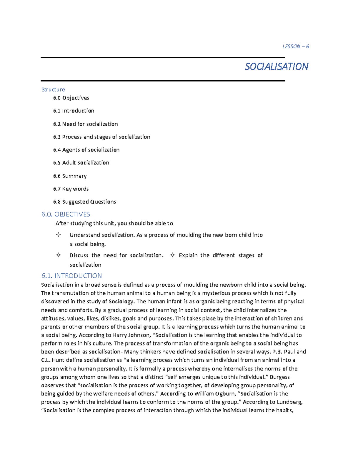 Socialisation ch 6 - LESSON – 6 SOCIALISATION Structure 6 Objectives 6 ...
