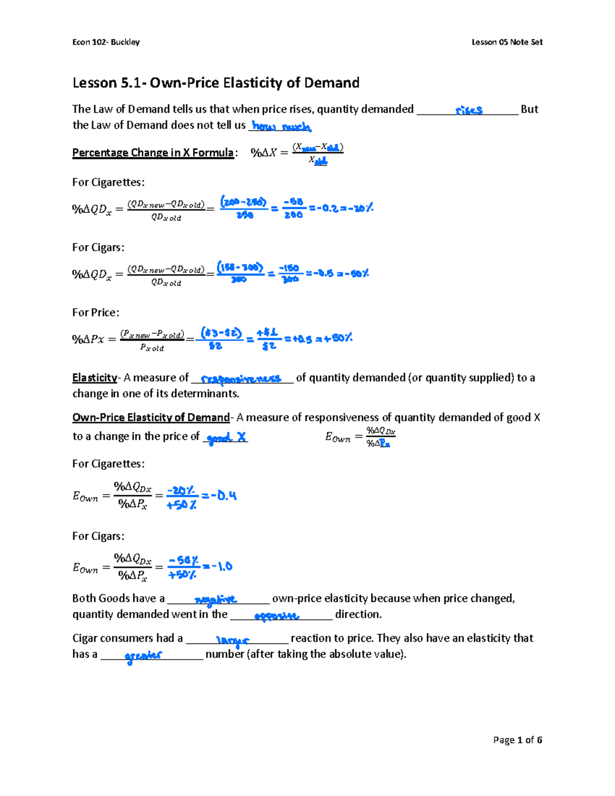 Lesson 05 Note Set - ####### Lesson 5- Own-Price Elasticity of Demand ...