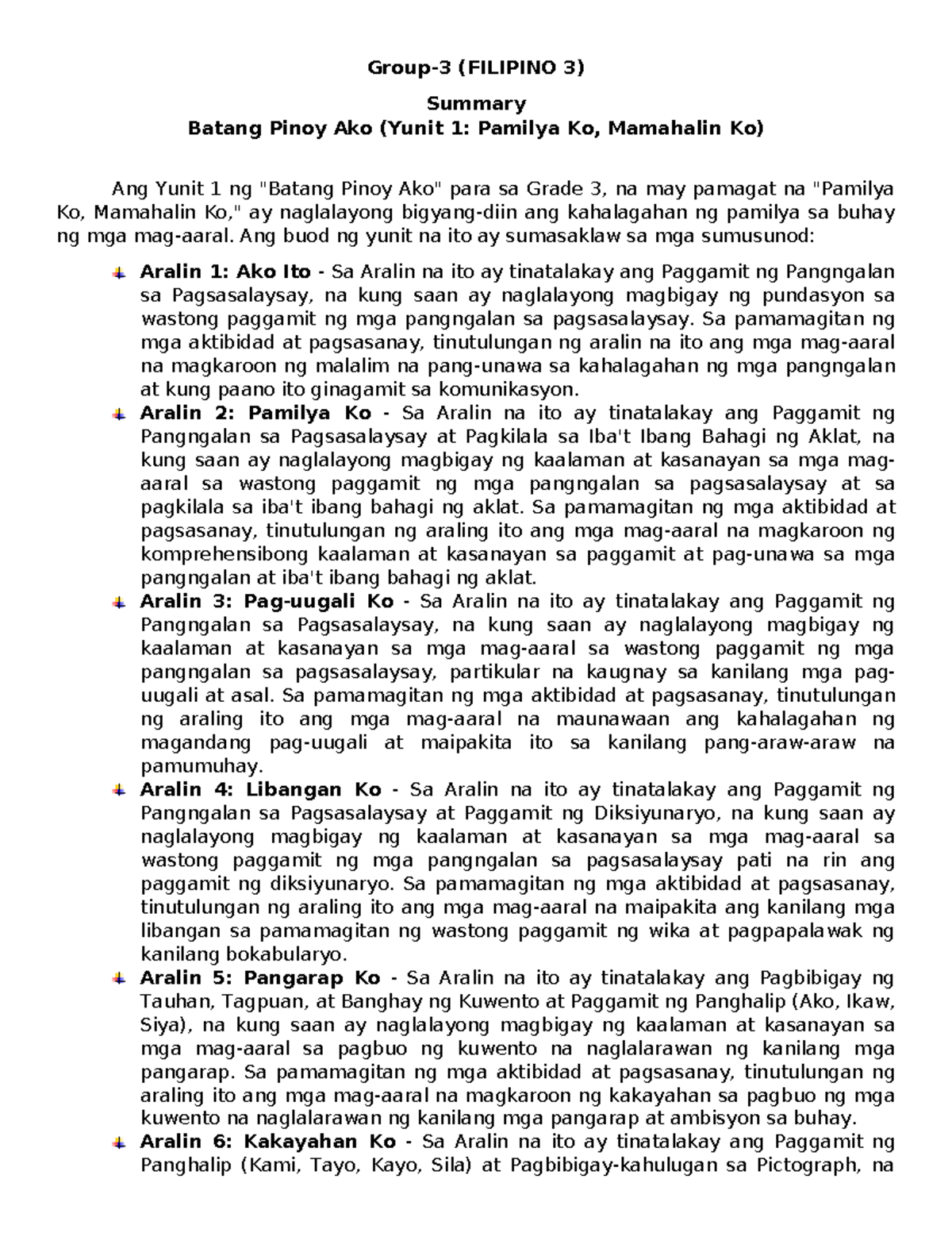 Group 3 Summary Filipino - Group-3 (FILIPINO 3) Summary Batang Pinoy ...