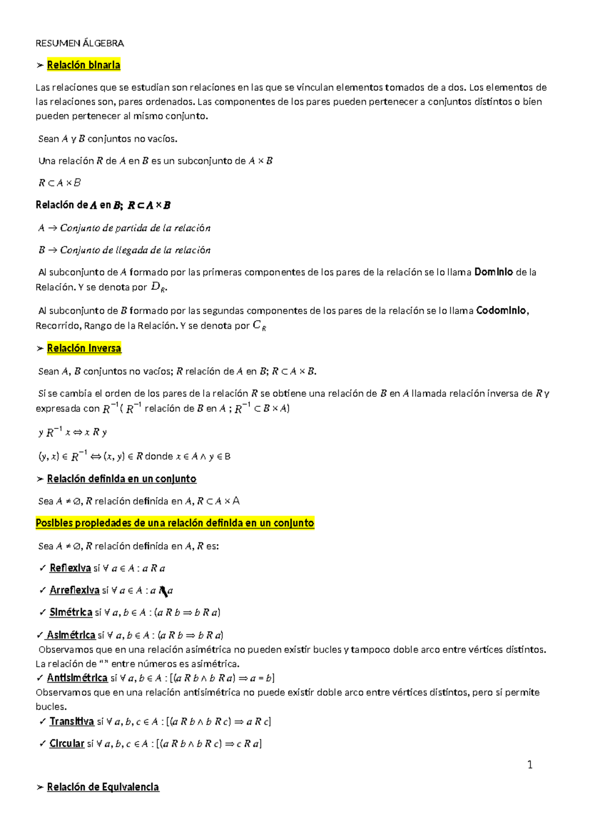 Resumen Álgebra - RESUMEN ÁLGEBRA Relación binaria Las relaciones que ...