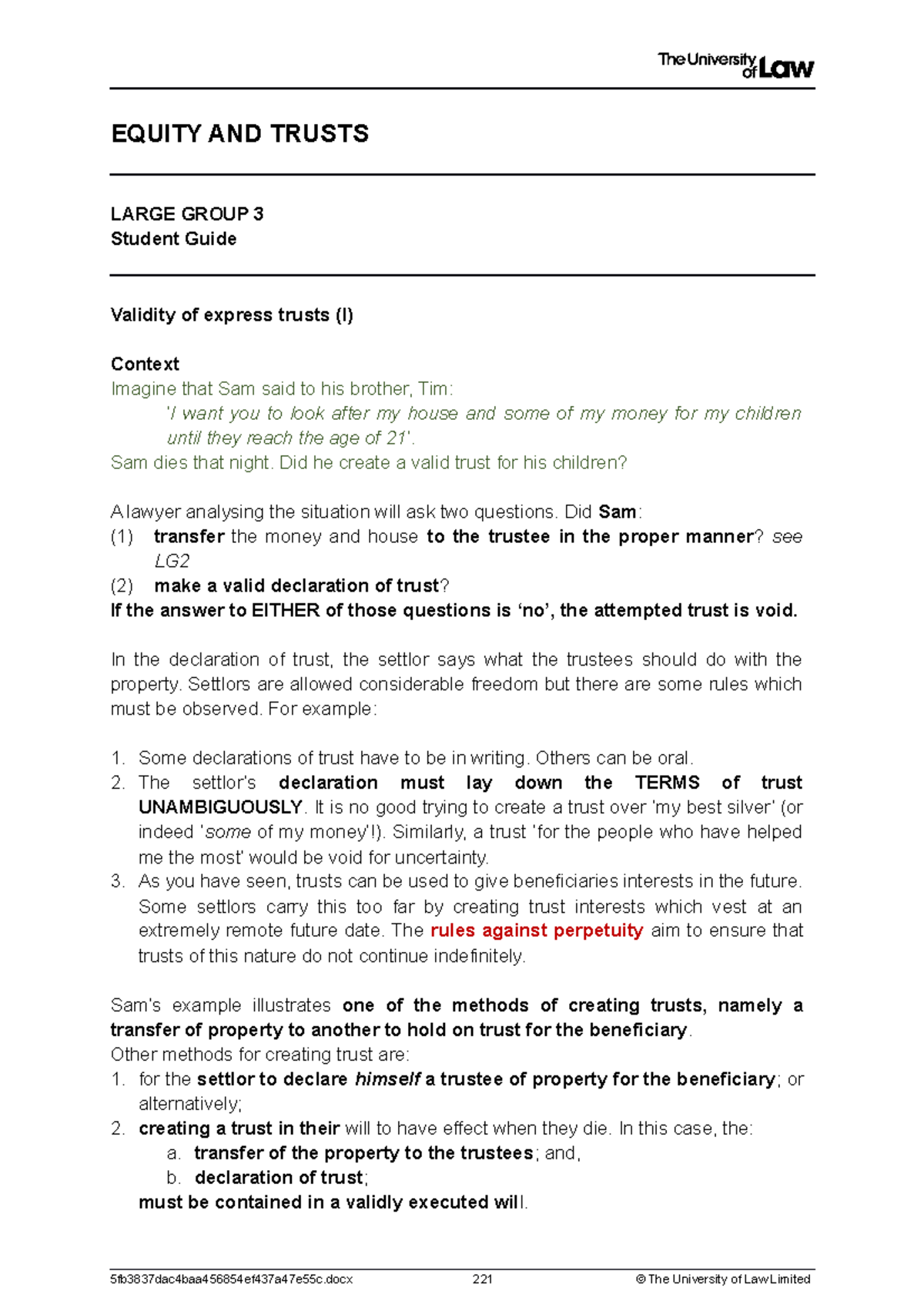 Equity Trusts LG03 - EQUITY AND TRUSTS LARGE GROUP 3 Student Guide Validity of express trusts (I ...