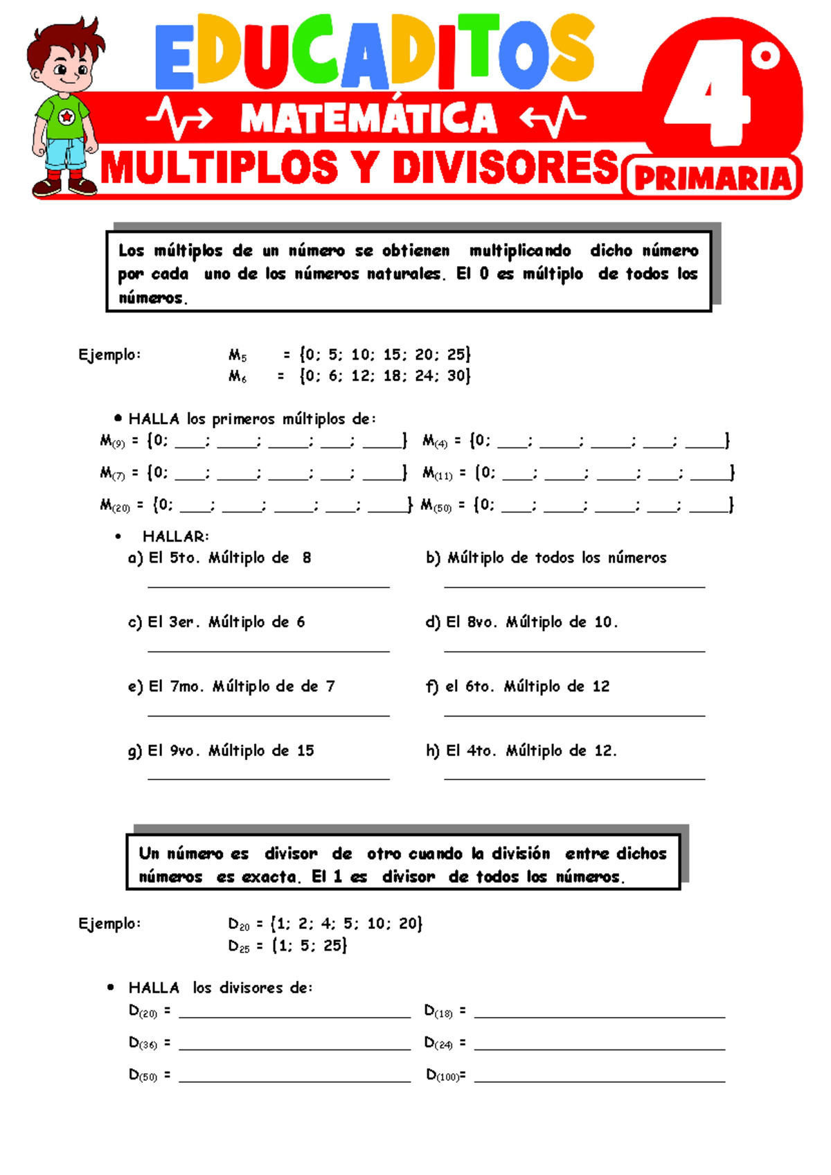 Multiplos y Divisores para Cuarto Grado de Primaria - Ejemplo: M 5 = 0 ...