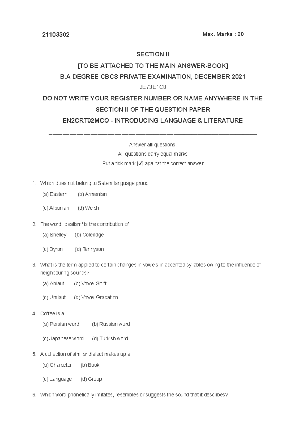 Ba 2 sem introducing language and literature 21103302 v2 dec 2021 - 21103302 Max. Marks : 20 ...