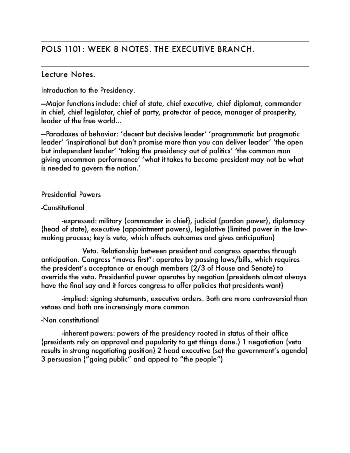 The executive branch - Williamson - POLS 1101: WEEK 8 NOTES. THE ...