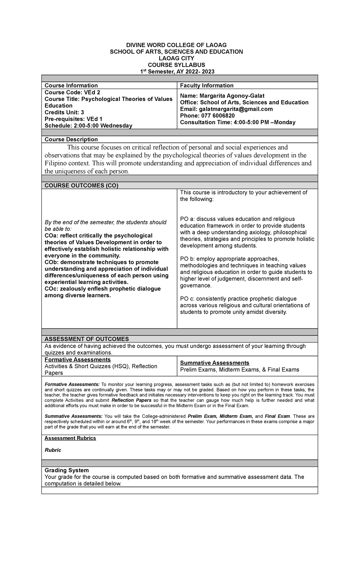 VEd 2 Syllabus - DIVINE WORD COLLEGE OF LAOAG SCHOOL OF ARTS, SCIENCES ...